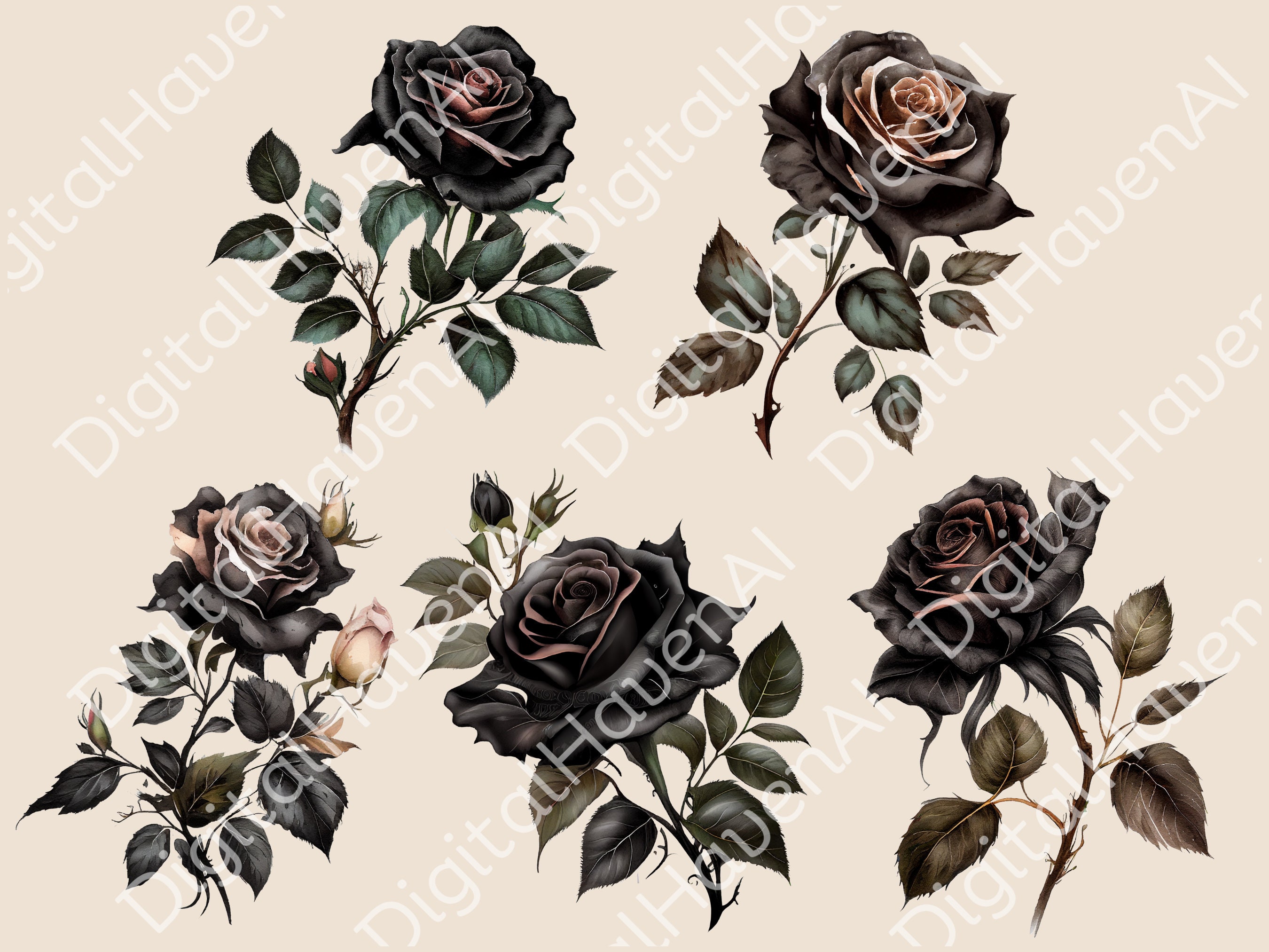 Gothic Roses Clipart Set - Black Flowers Watercolor Clip Art - Fantasy ...