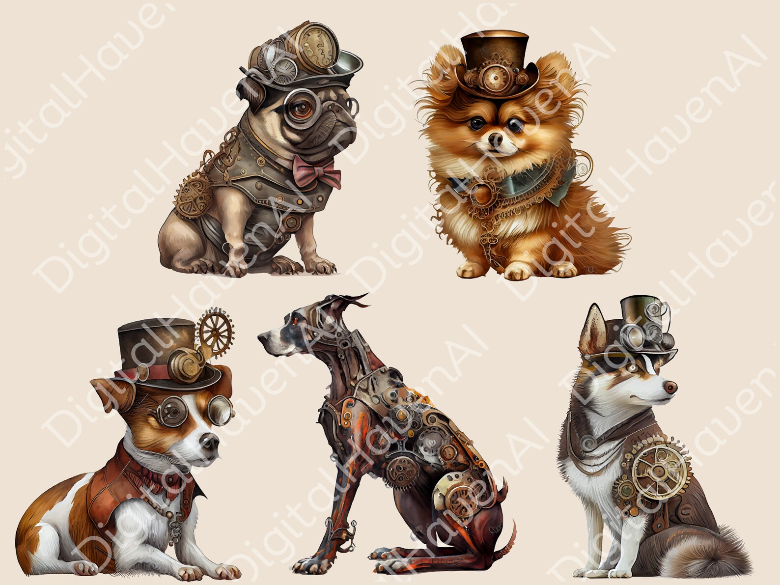 Clipart Steampunk Dogs PNG for Scrapbooking Cute Animal Watercolor Clip ...