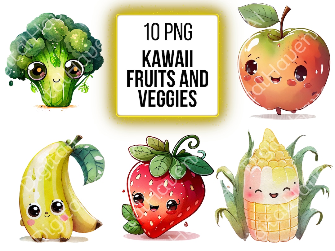 Clipart Kawaii PNG Bundle Fruit Veggie Watercolor Scrapbook Clip Art ...