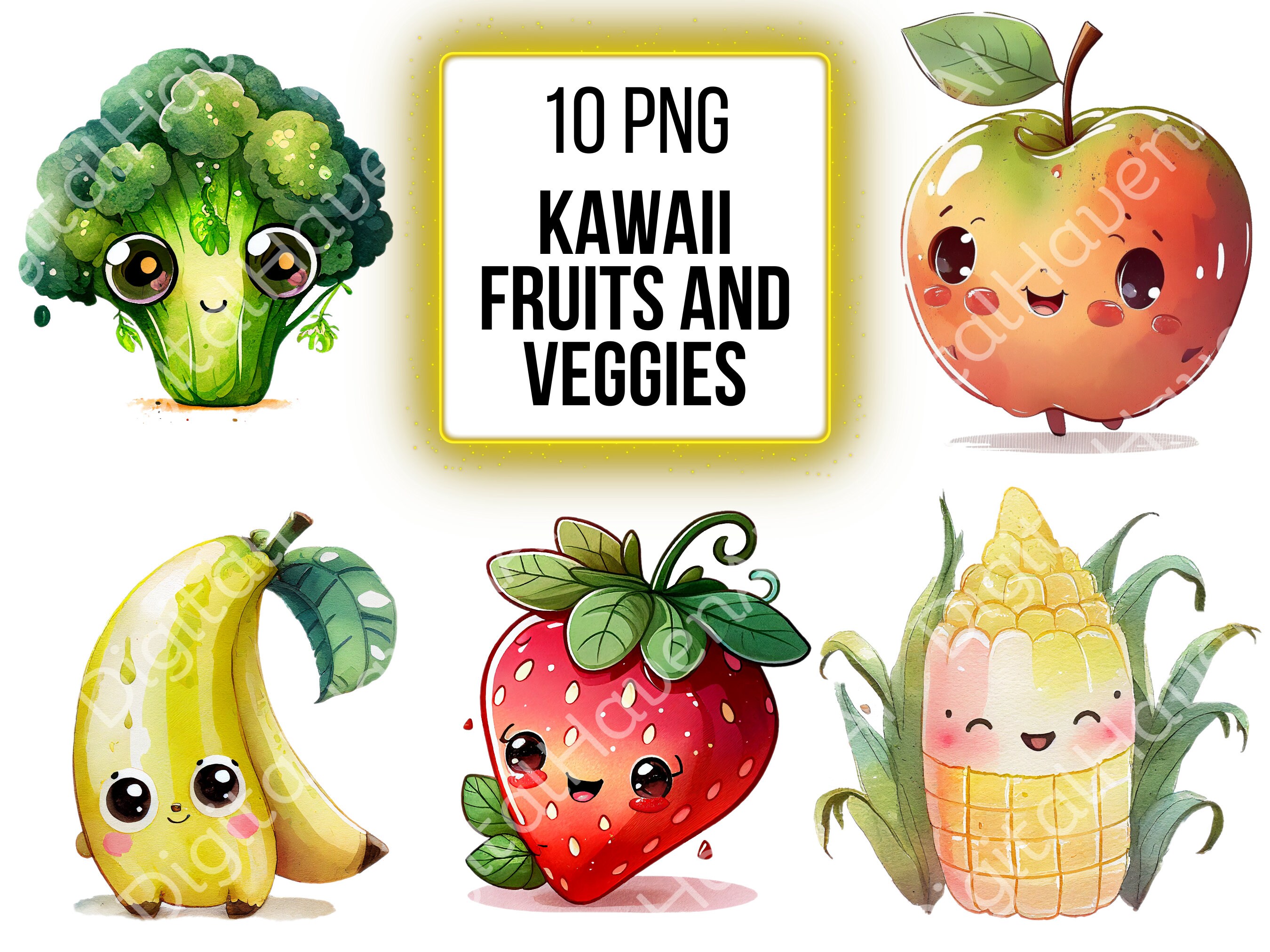 Clipart Kawaii PNG Bundle Fruit Veggie Watercolor Scrapbook Clip Art ...