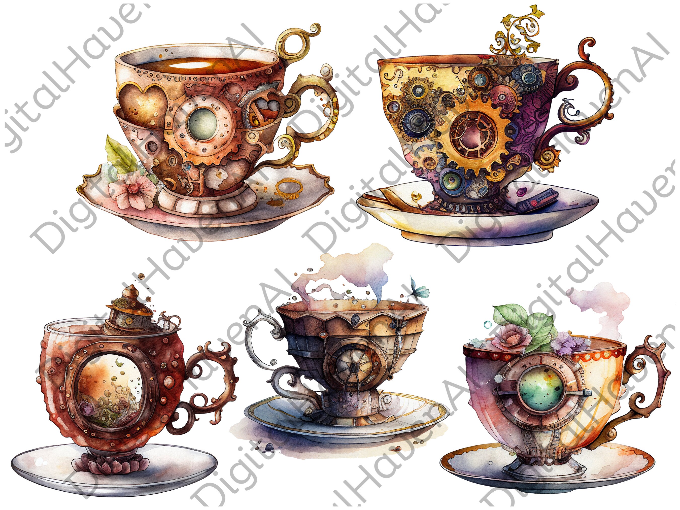Steampunk Teacups Clipart - Watercolor Clipart - Steam Punk Tea Cup ...