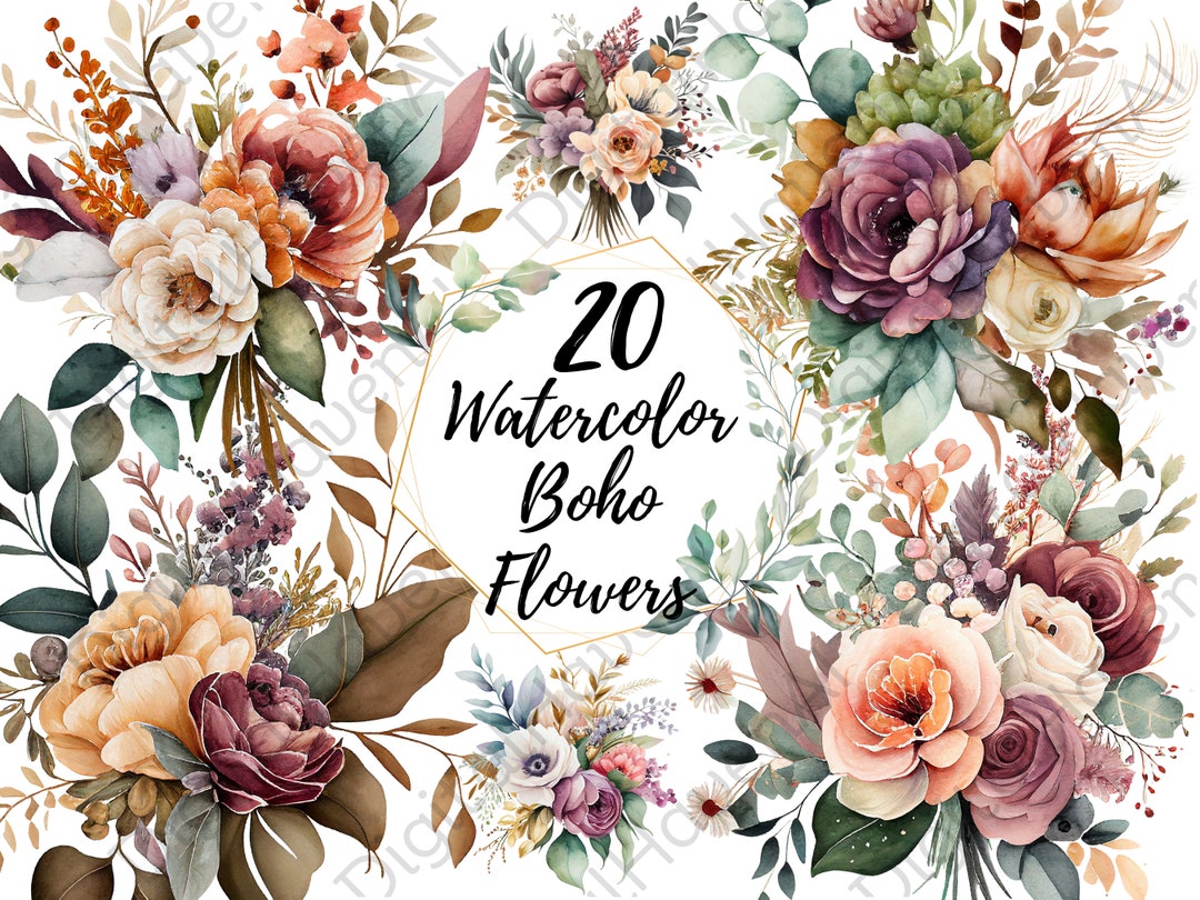 Boho Flowers Clipart Set - Watercolor Clipart - Flower Bouquet Florals ...