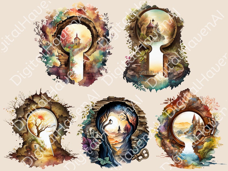 Watercolor Clipart PNG Keyhole Fantasy Clip Art Magical Landscape ...