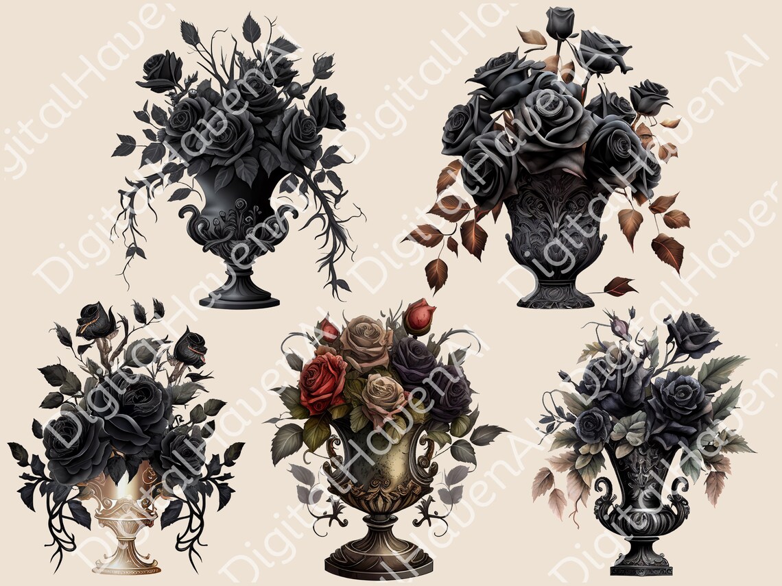 Gothic Roses Clipart Set - Black Flowers Watercolor Clip Art - Fantasy ...