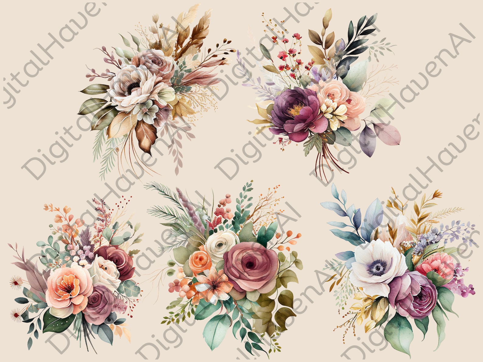 Watercolor Clipart Boho Flowers Clip Art Bundle for Wedding Invitation ...