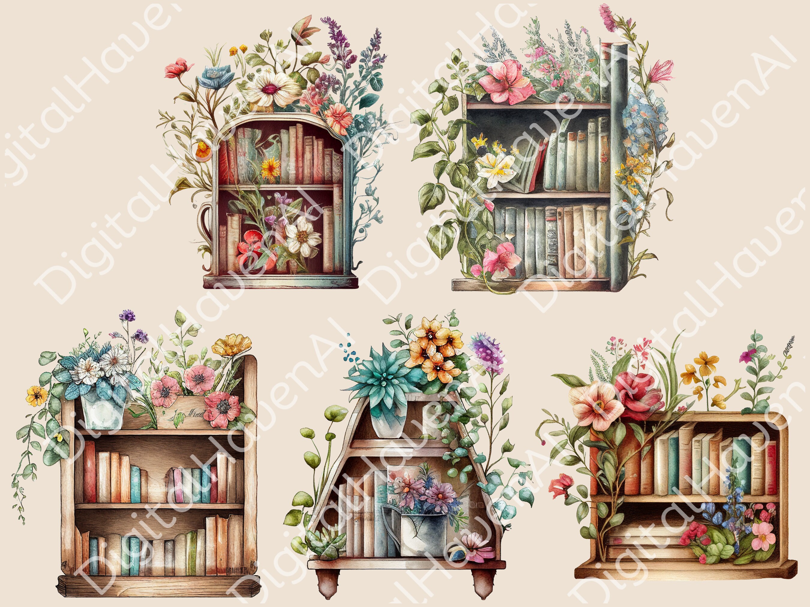 Clipart Bookshelves PNG Bundle Books Watercolor Clip Art PNG Bookshelf ...