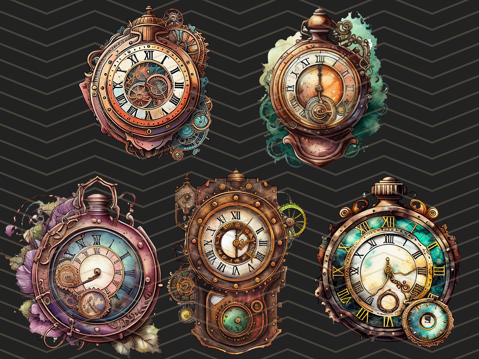 Clipart Steampunk Clocks PNG Watercolor Clip Art Steam Punk Graphic ...