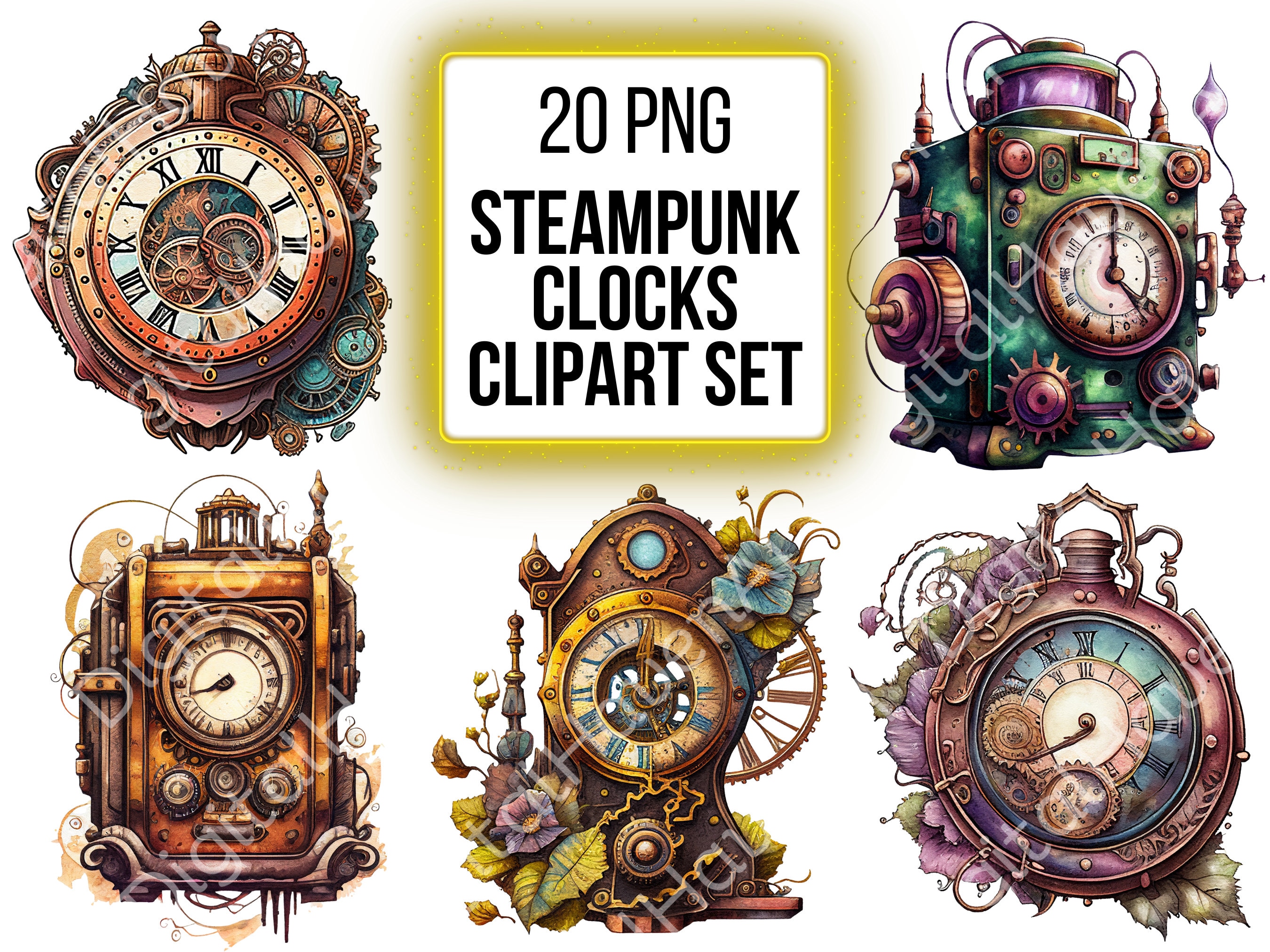 Clipart Steampunk Clocks PNG Watercolor Clip Art Steam Punk Graphic ...