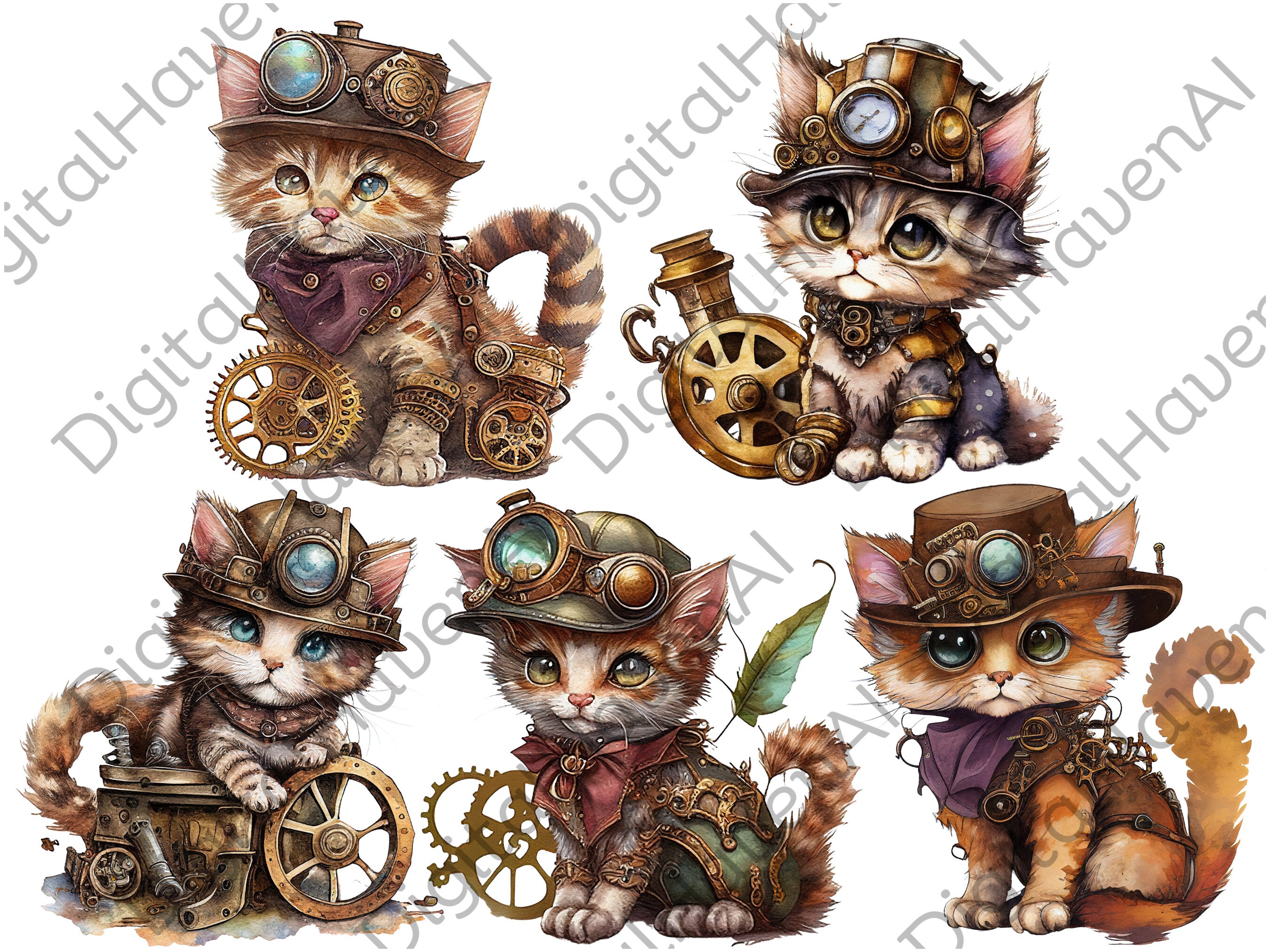 Steampunk Cats Clipart Steampunk Kittens Watercolor - Etsy