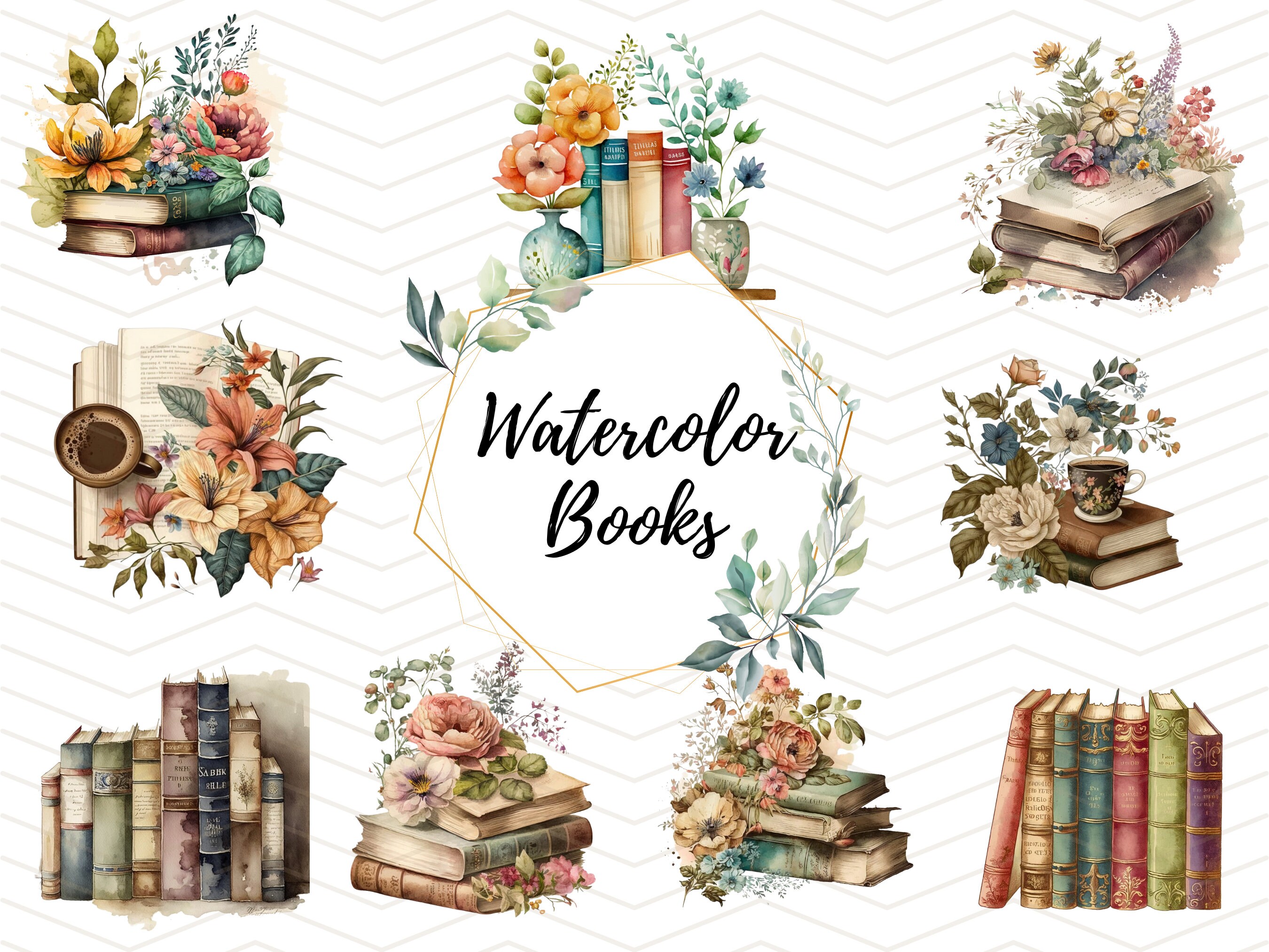 Watercolor Books Clipart Vintage Antique Book PNG for Commercial Use - Etsy