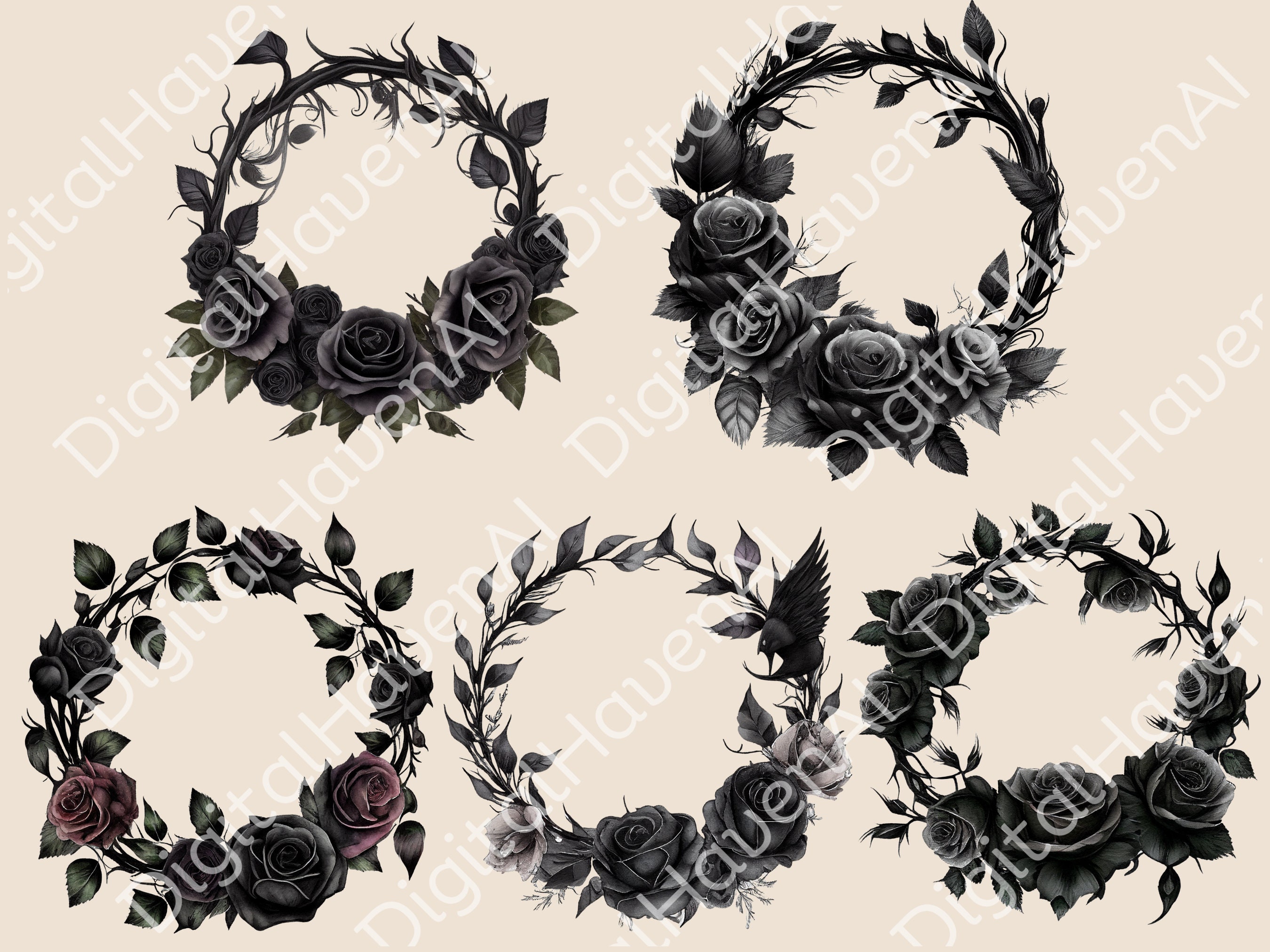 Gothic Roses Clipart Set - Black Flowers Watercolor Clip Art - Fantasy ...
