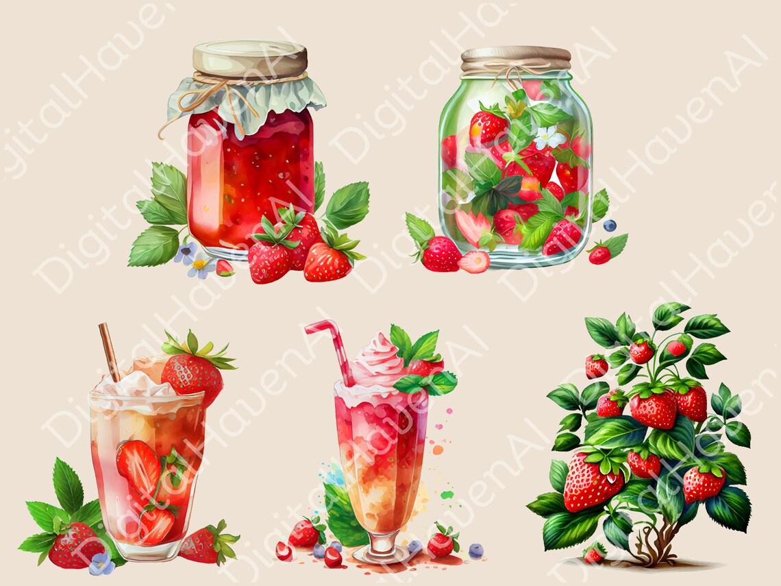 Clipart Strawberry PNG Bundle Clip Art Fruit Watercolor Clipart Summer ...