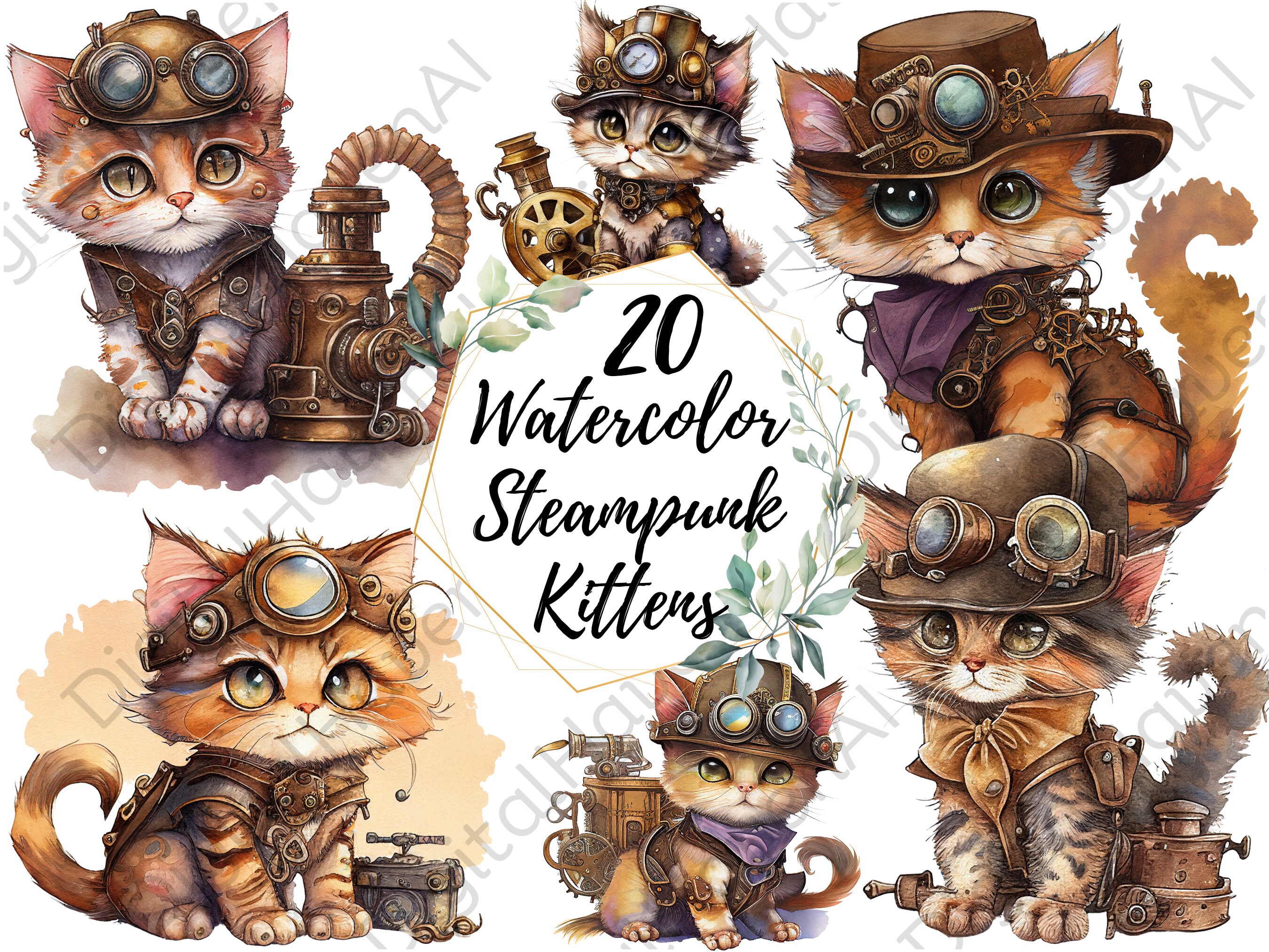 Steampunk Cats Clipart - Steampunk Kittens - Watercolor Animals ...