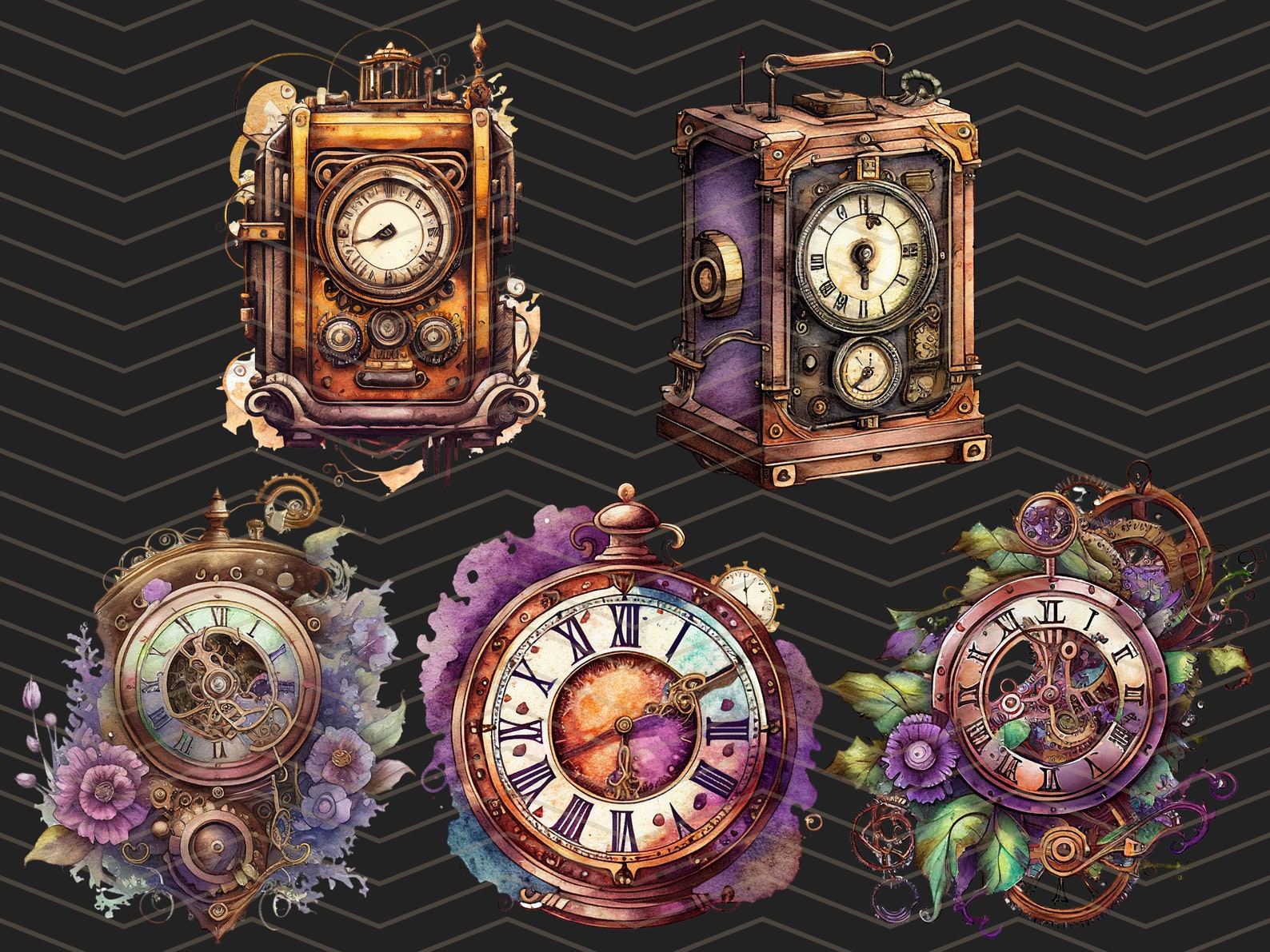 Clipart Steampunk Clocks PNG Watercolor Clip Art Steam Punk Graphic ...