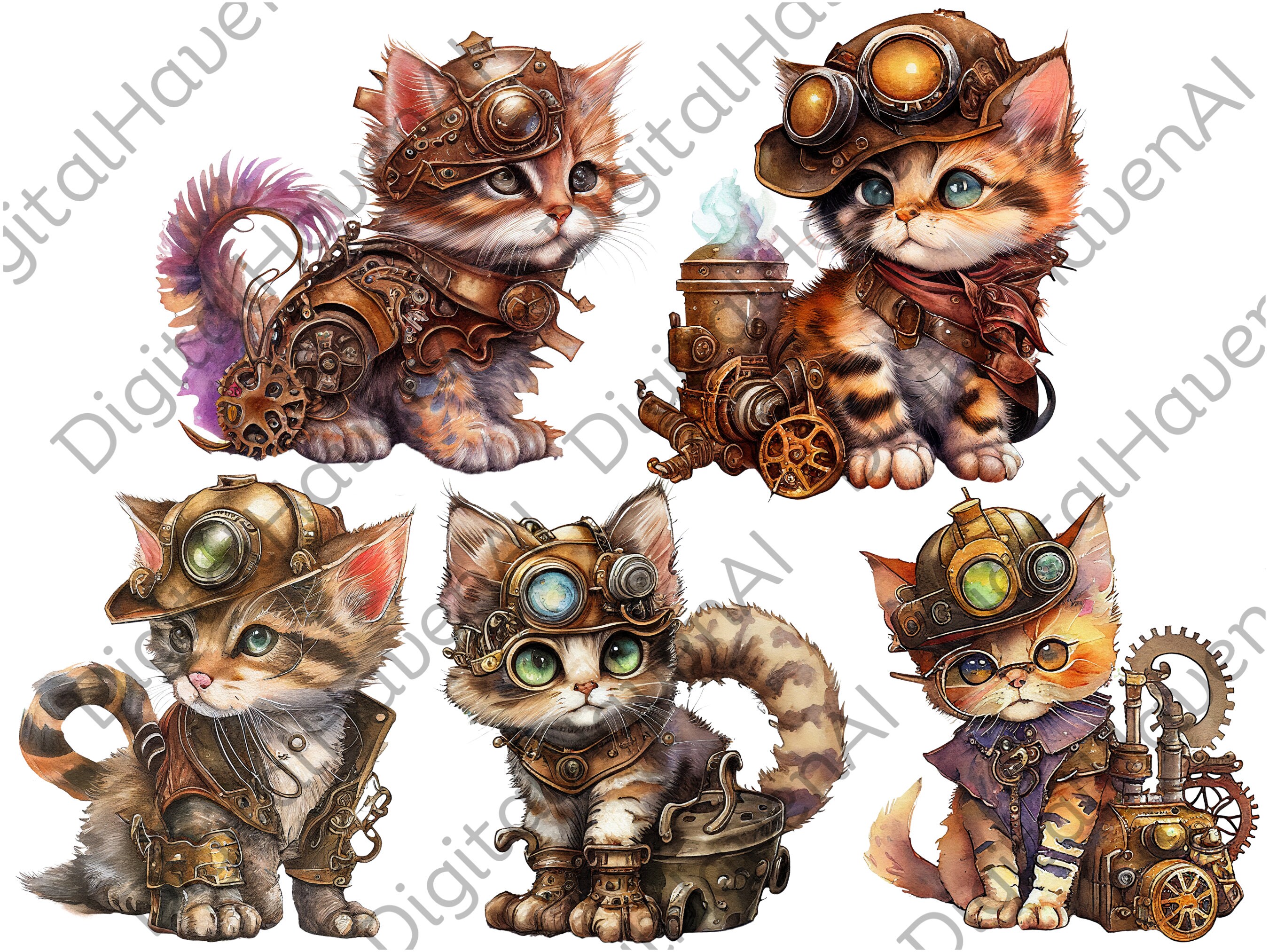 Steampunk Cats Clipart Steampunk Kittens Watercolor - Etsy