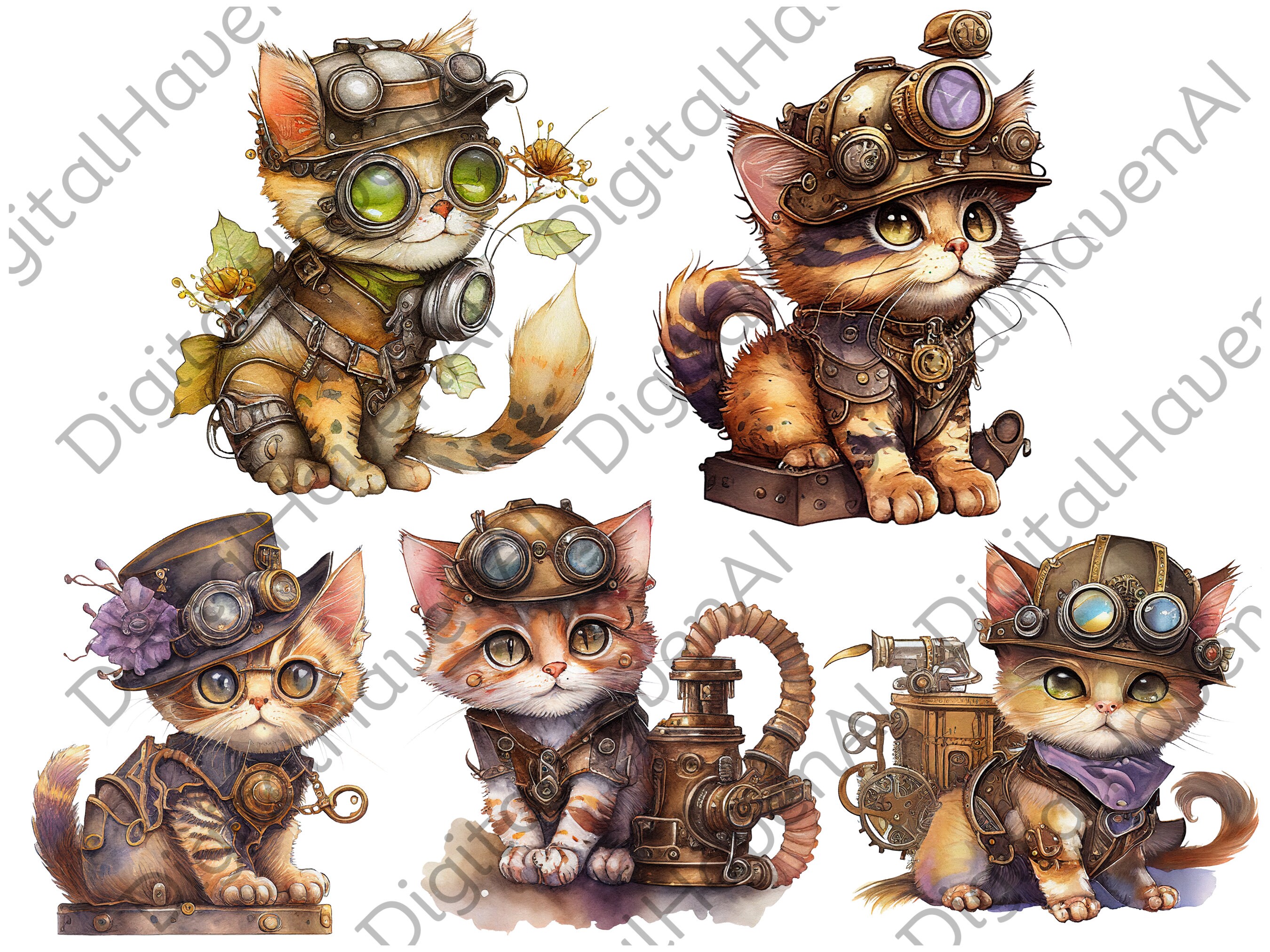 Steampunk Cats Clipart Steampunk Kittens Watercolor - Etsy