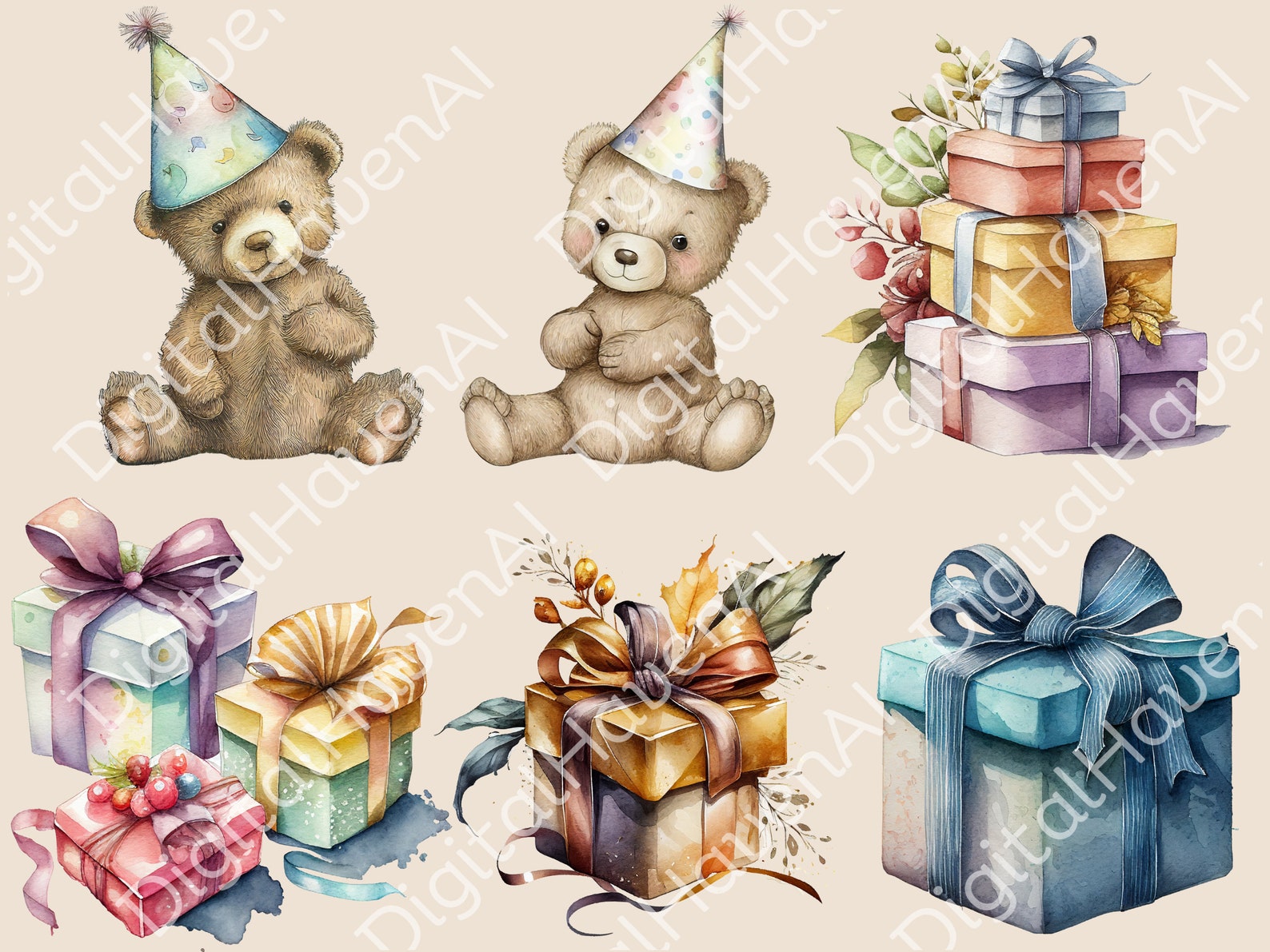 Birthday Party Clipart Set Cake Balloons Presents Clip Art Watercolor ...