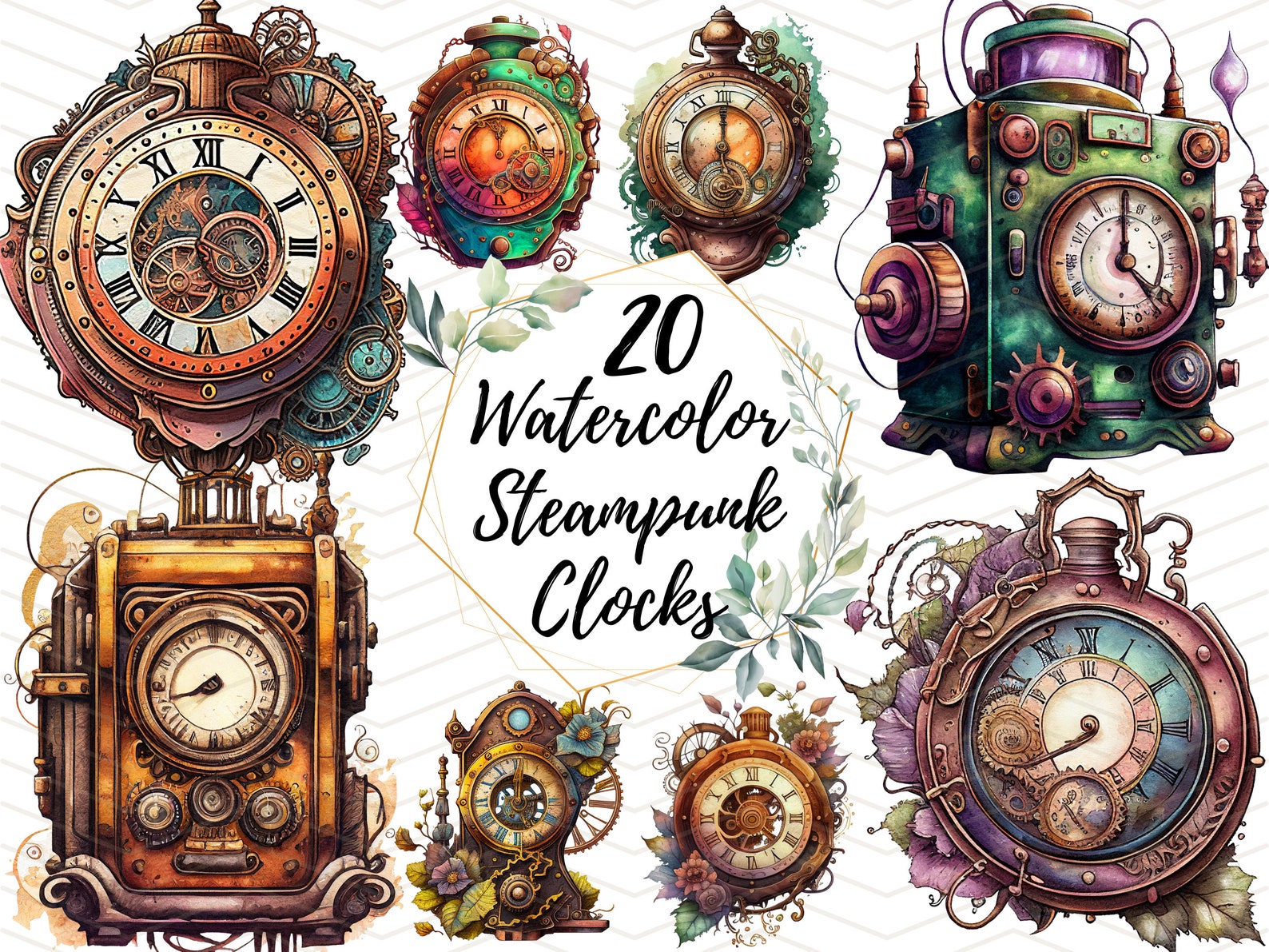 Steampunk Clocks Clipart - Watercolor Clipart - Steam Punk - Steampunk ...