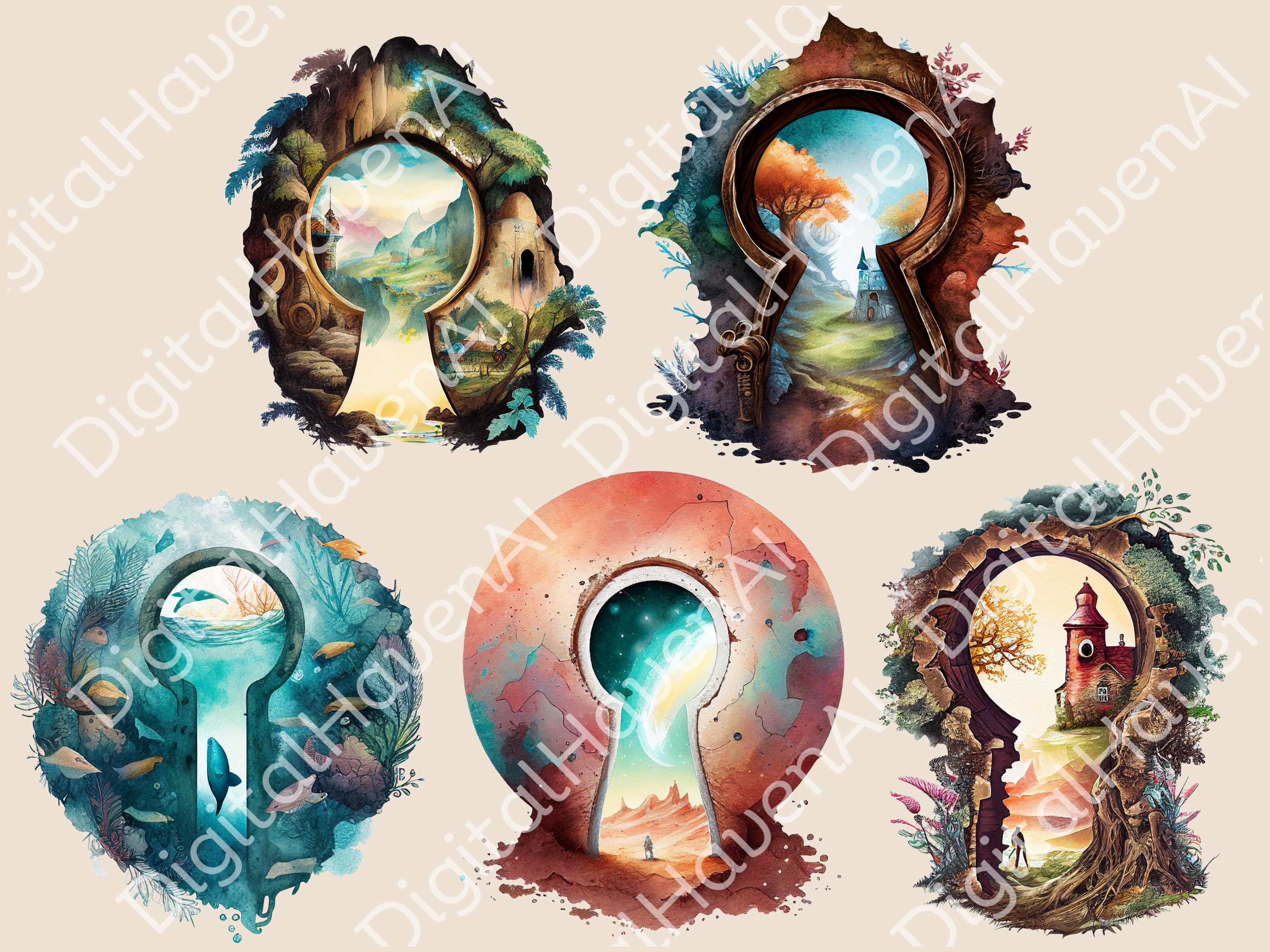 Watercolor Clipart PNG Keyhole Fantasy Clip Art Magical Landscape ...