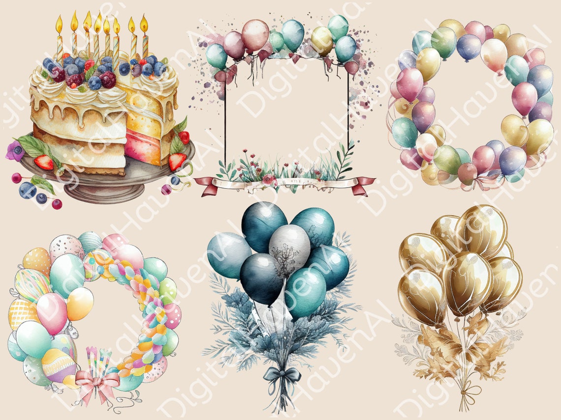 Birthday Party Clipart Set Cake Balloons Presents Clip Art Watercolor ...