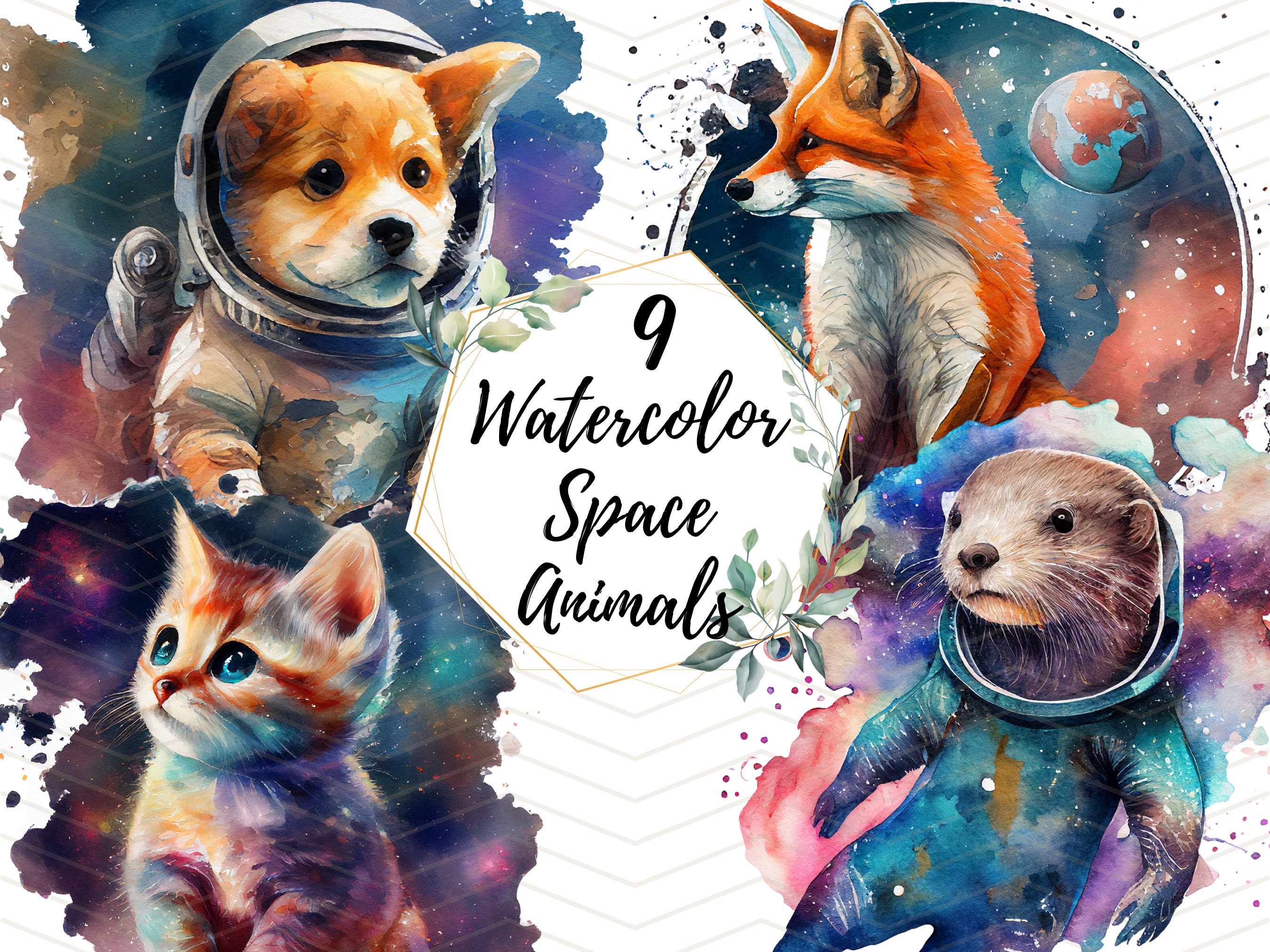 Space Animals Watercolor Clipart Outer Space Clip Art PNG Instant ...