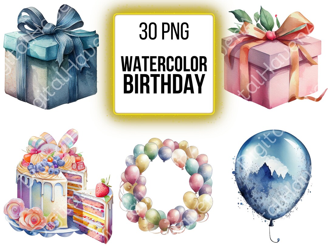 Watercolor Clipart Birthday Party Clip Art Bundle Cake PNG Clipart for ...