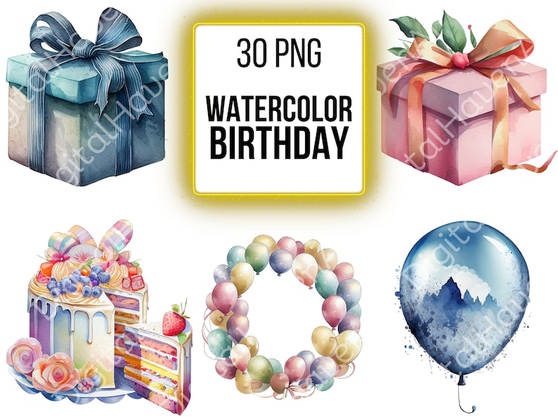 Watercolor Clipart Birthday Party Clip Art Bundle Cake PNG Clipart for ...