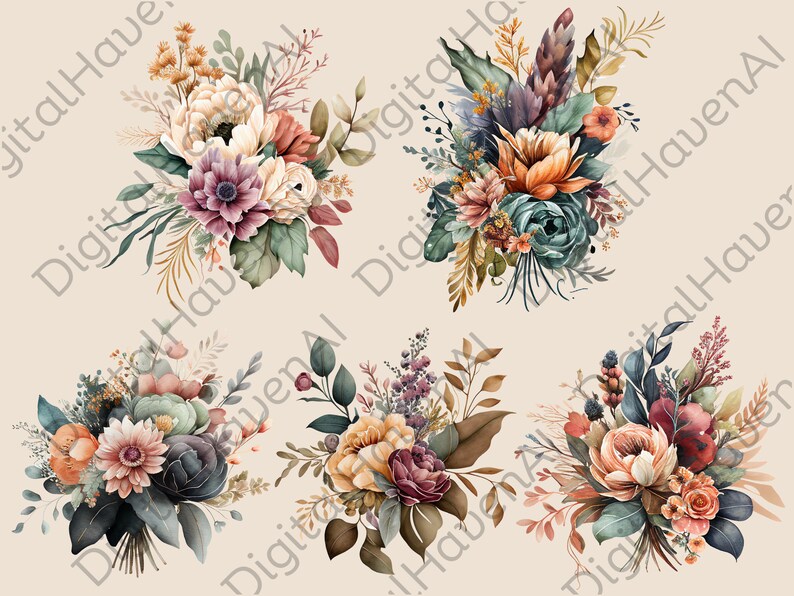 Watercolor Clipart Boho Flowers Clip Art Bundle for Wedding Invitation ...