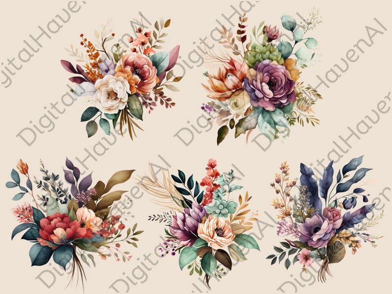 Watercolor Clipart Boho Flowers Clip Art Bundle for Wedding Invitation ...