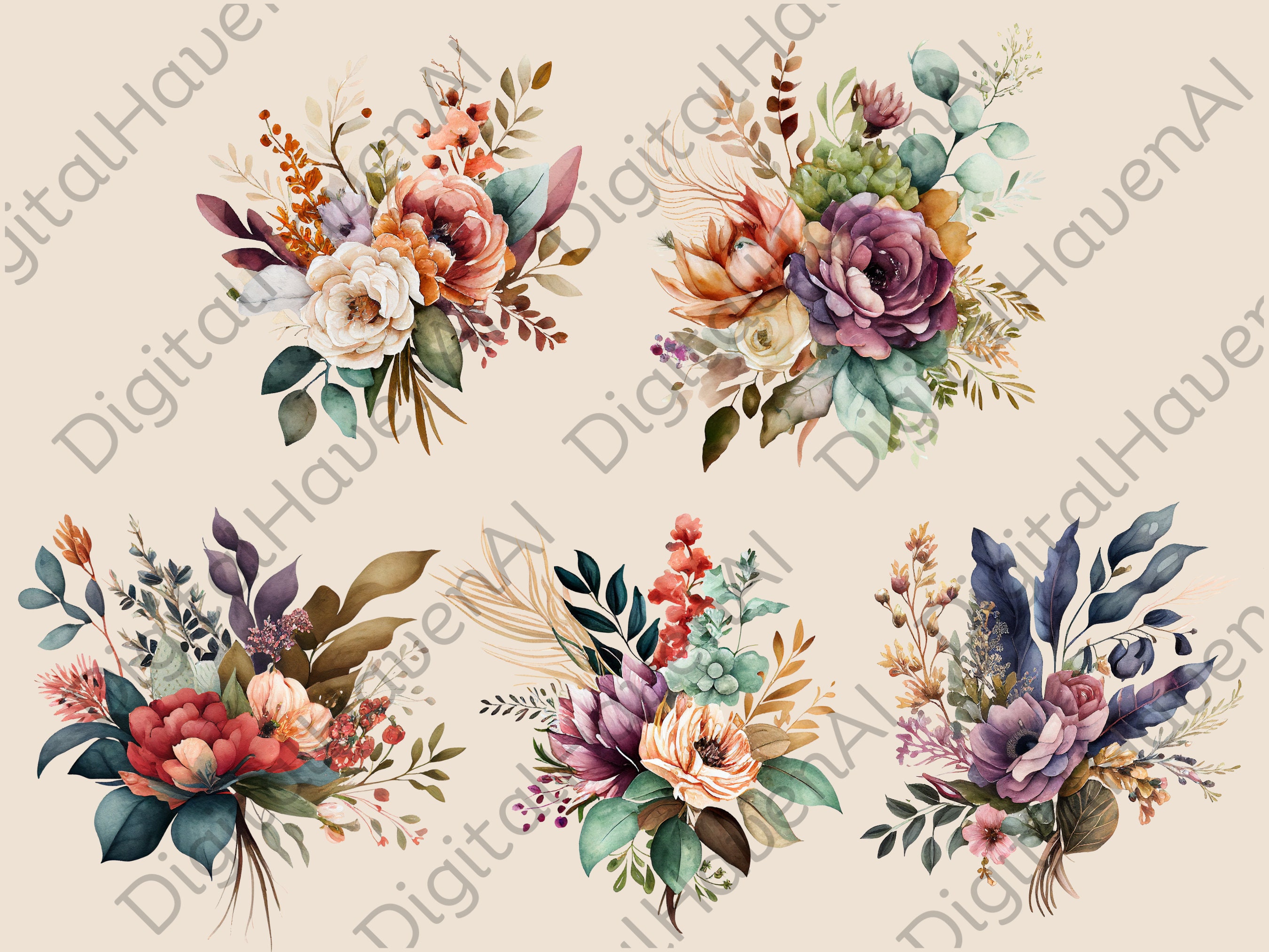 Boho Flowers Clipart Set Watercolor Clipart Flower Bouquet - Etsy