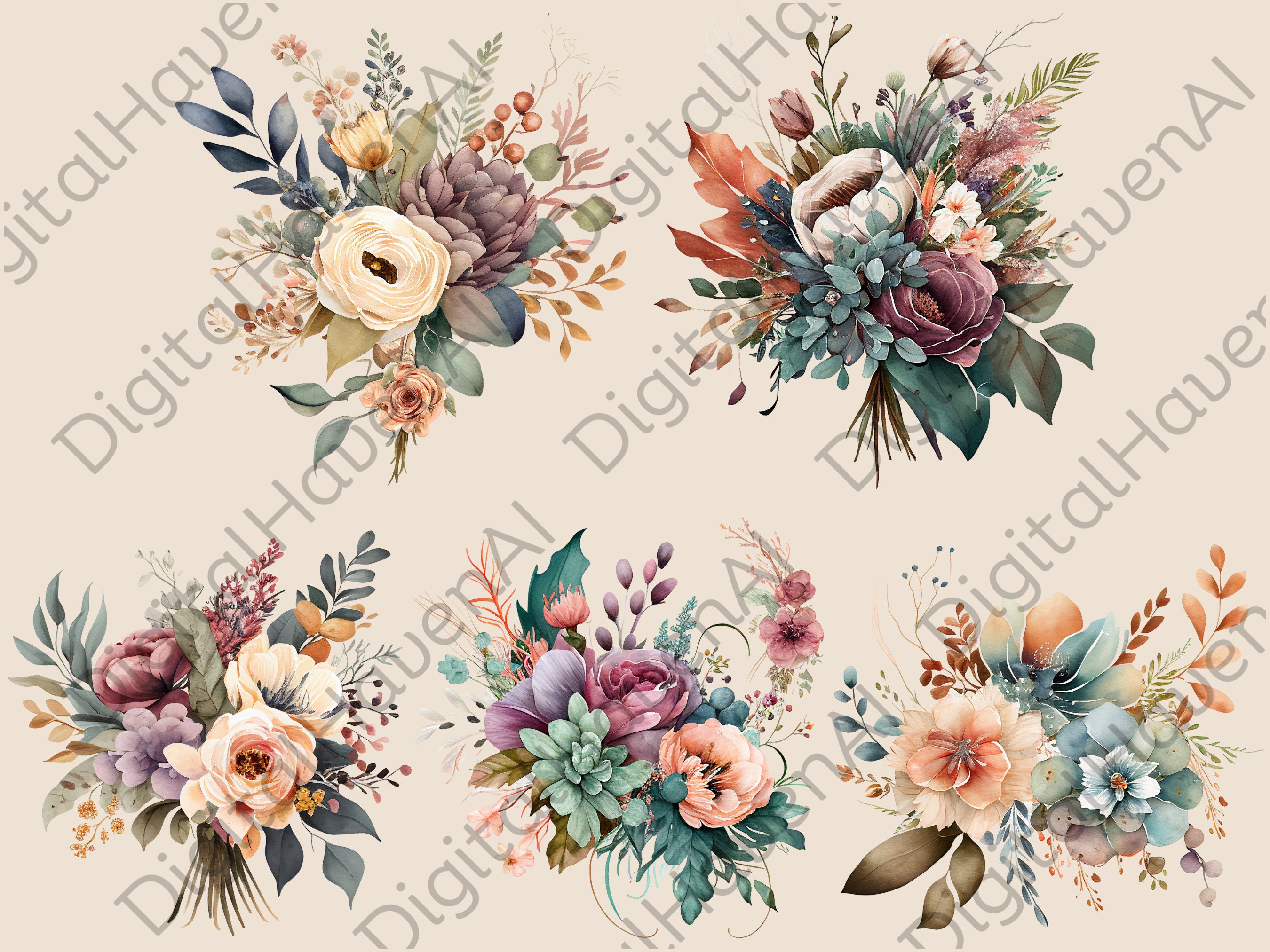Boho Flowers Clipart Set Watercolor Clipart Flower Bouquet - Etsy
