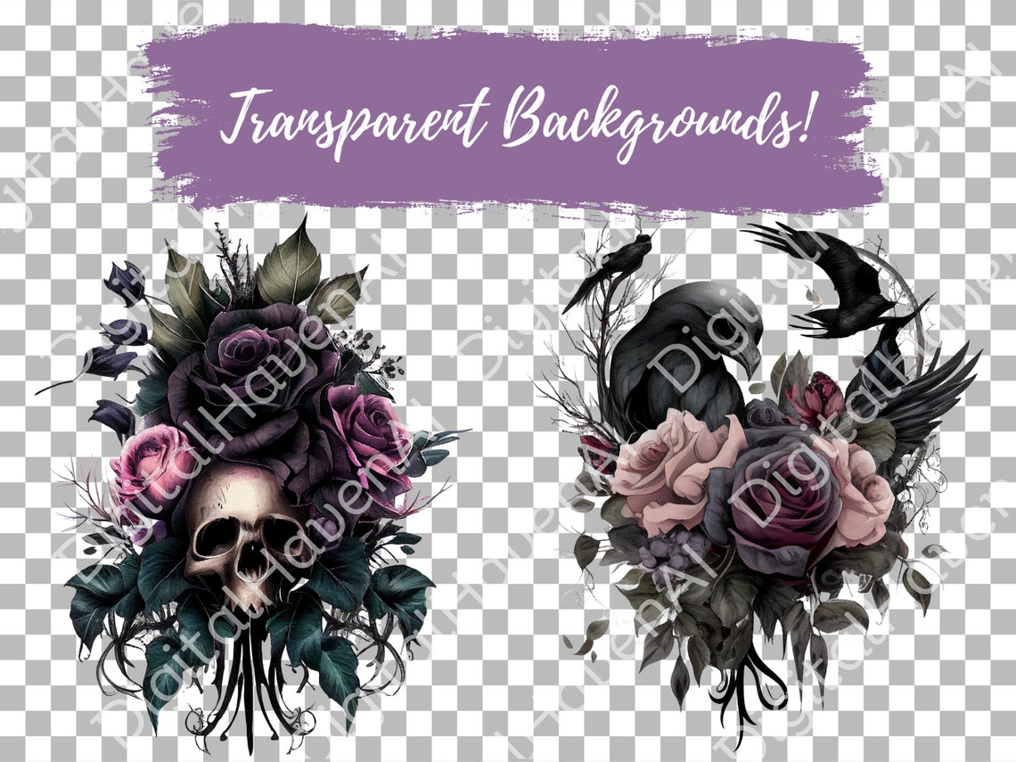 Gothic Roses Clipart Set - Black Flowers Watercolor Clip Art - Fantasy ...