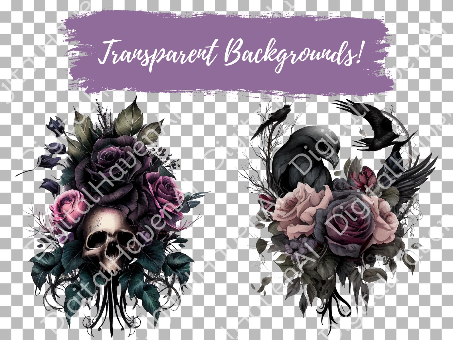 Gothic Roses Clipart Set - Black Flowers Watercolor Clip Art - Fantasy ...