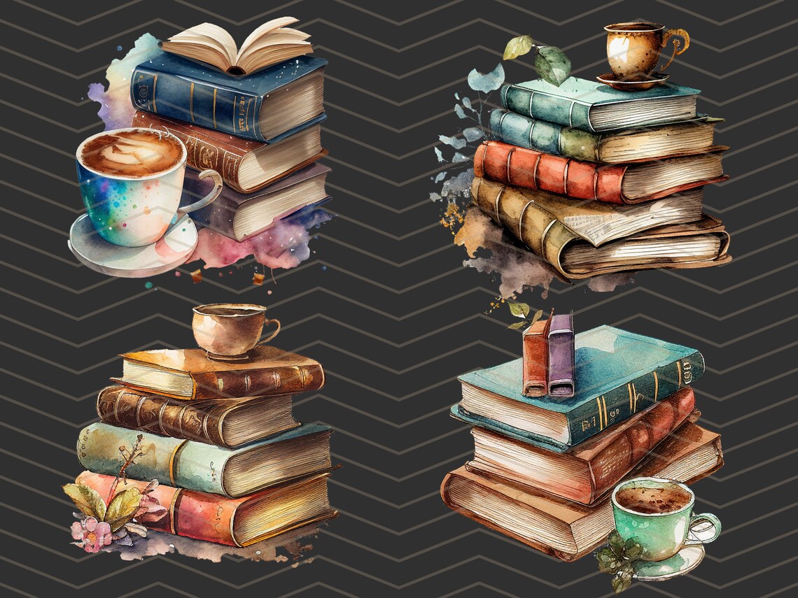 Watercolor Clipart Book PNG Coffee Clip Art Vintage Books Clipart for ...
