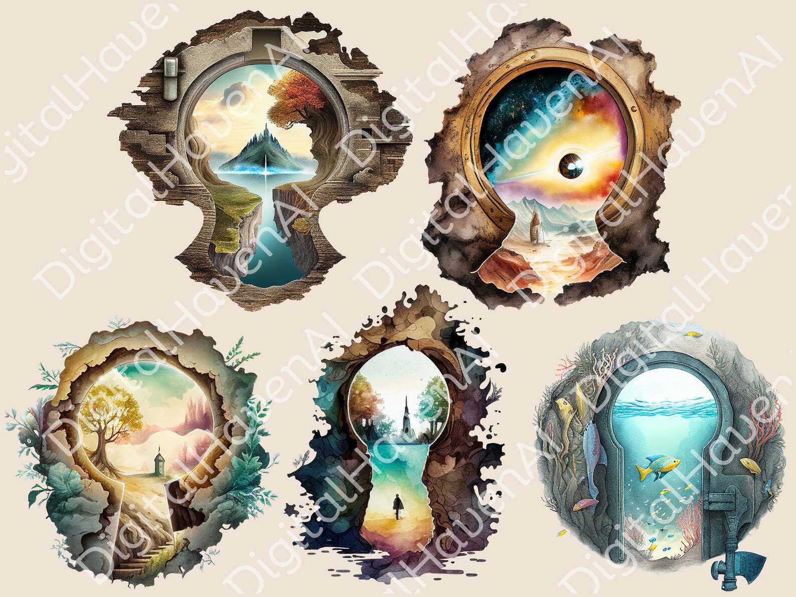 Watercolor Clipart PNG Keyhole Fantasy Clip Art Magical Landscape ...