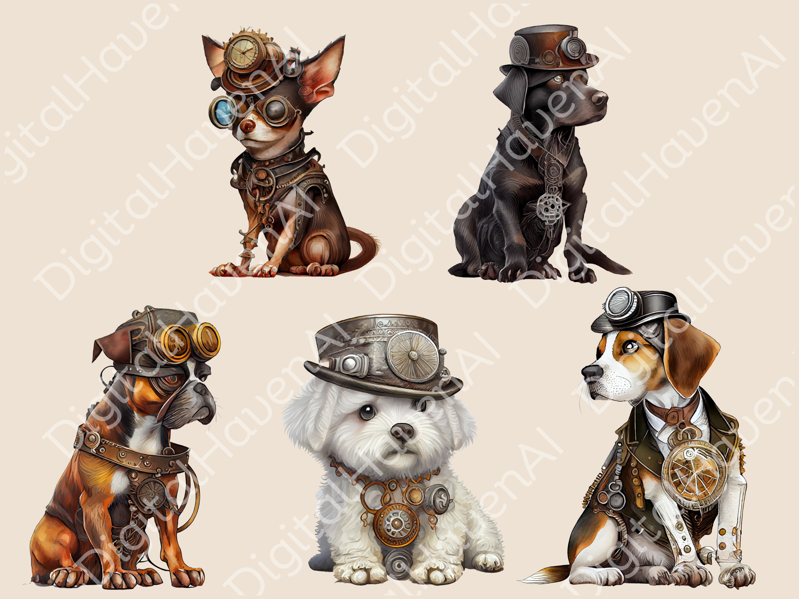 Clipart Steampunk Dogs PNG for Scrapbooking Cute Animal Watercolor Clip ...