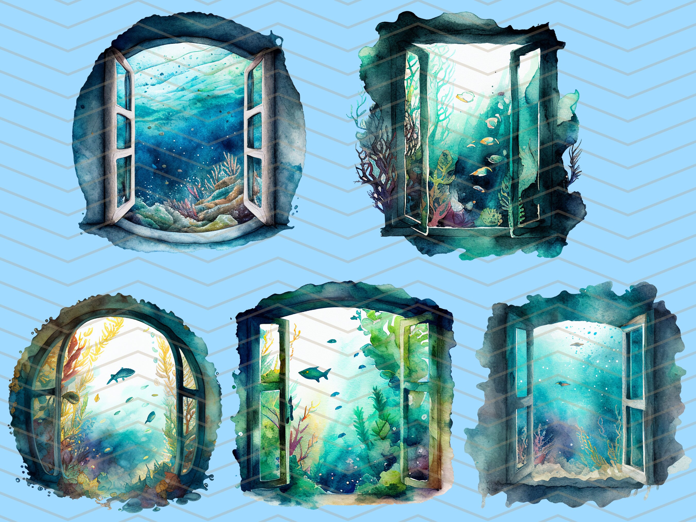 Underwater Window Clipart - Watercolor Clipart - Ocean Clipart - Sea ...