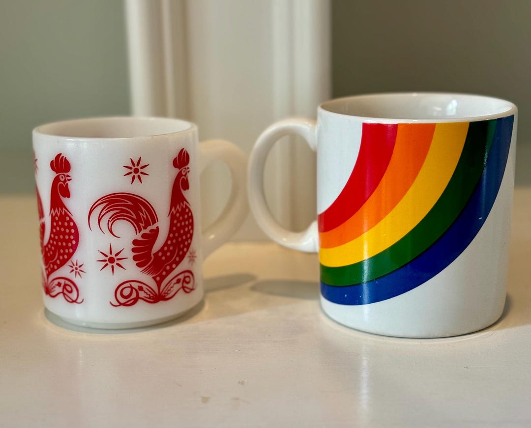 Vintage Coffee Mugs, Hazel Atlas Rooster, FTD Rainbow - Etsy