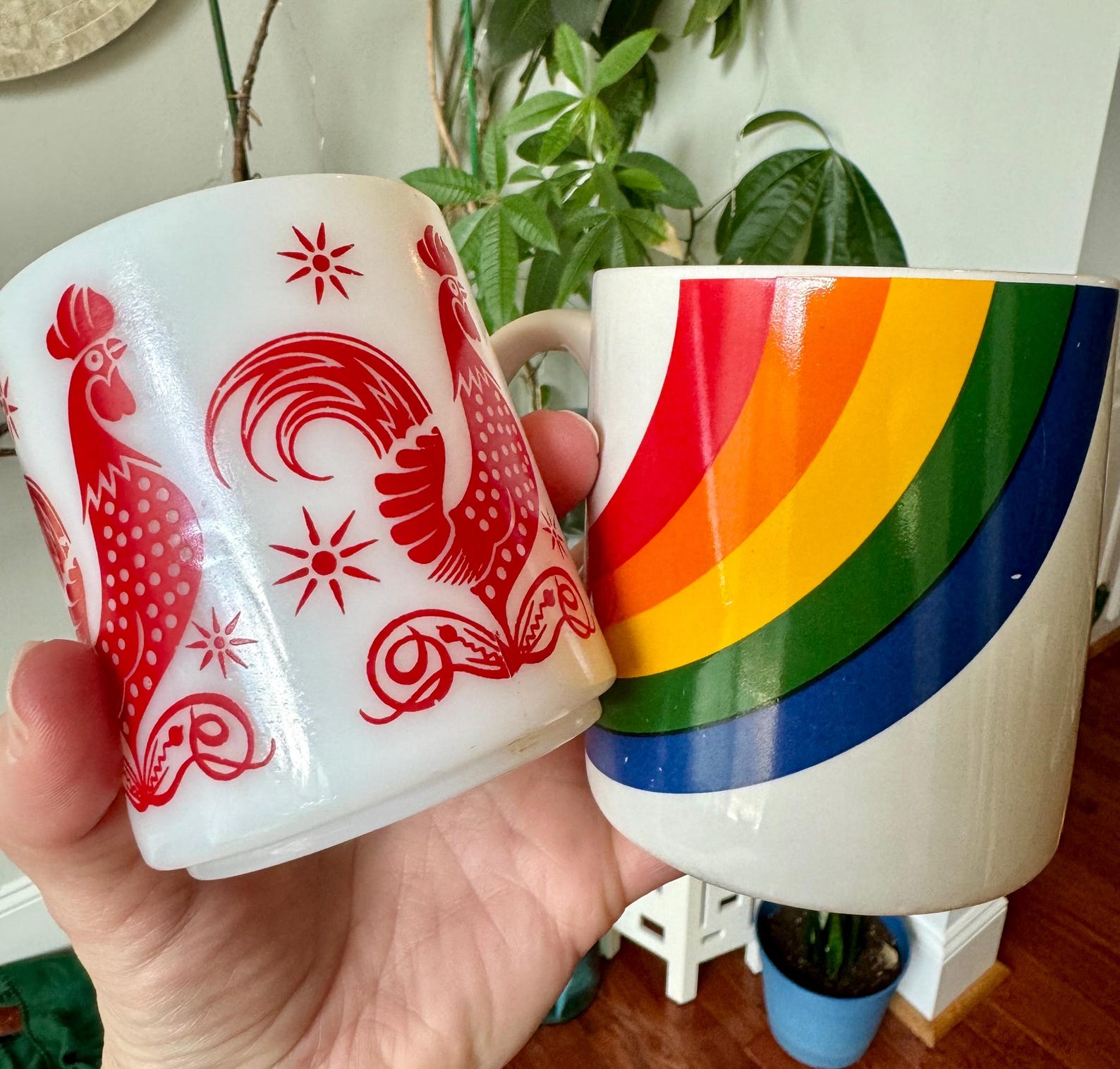 Vintage Coffee Mugs, Hazel Atlas Rooster, FTD Rainbow - Etsy