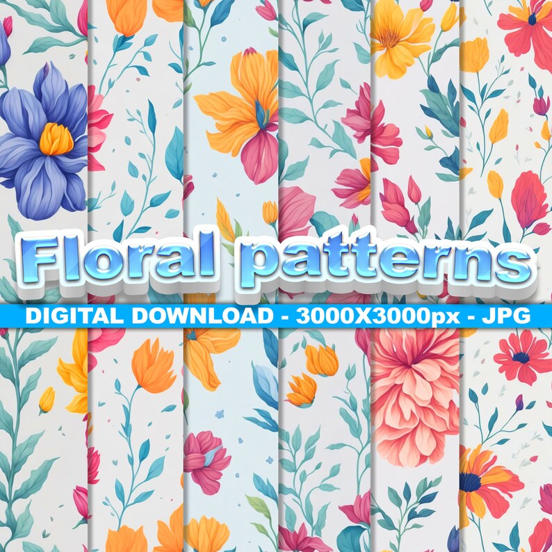 6 Patterns of Tileable Textures: Set of Very Colorful and Fun Floral ...