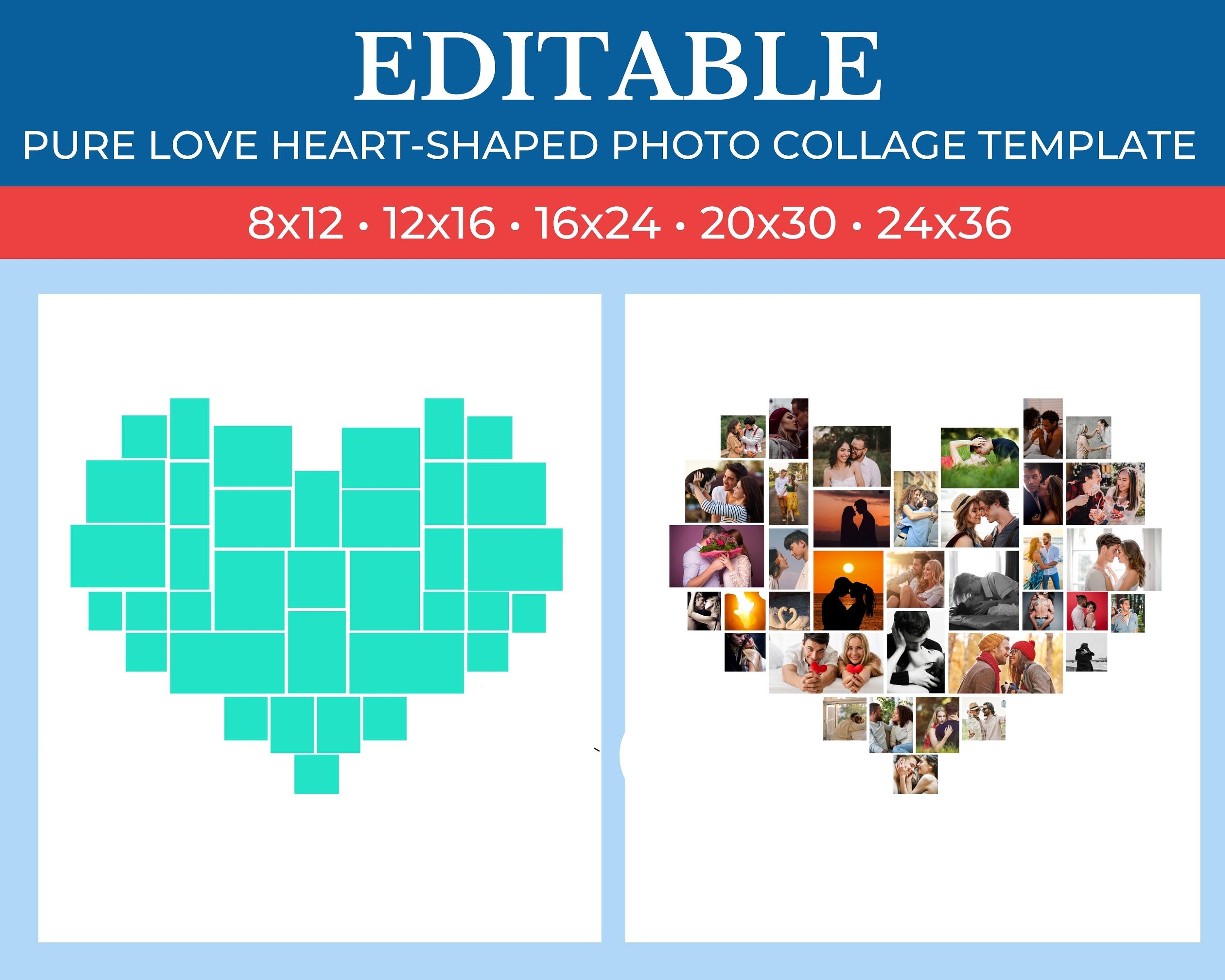 PRINTABLE Heart Photos Collage Template Canva Heart Photos Template ...