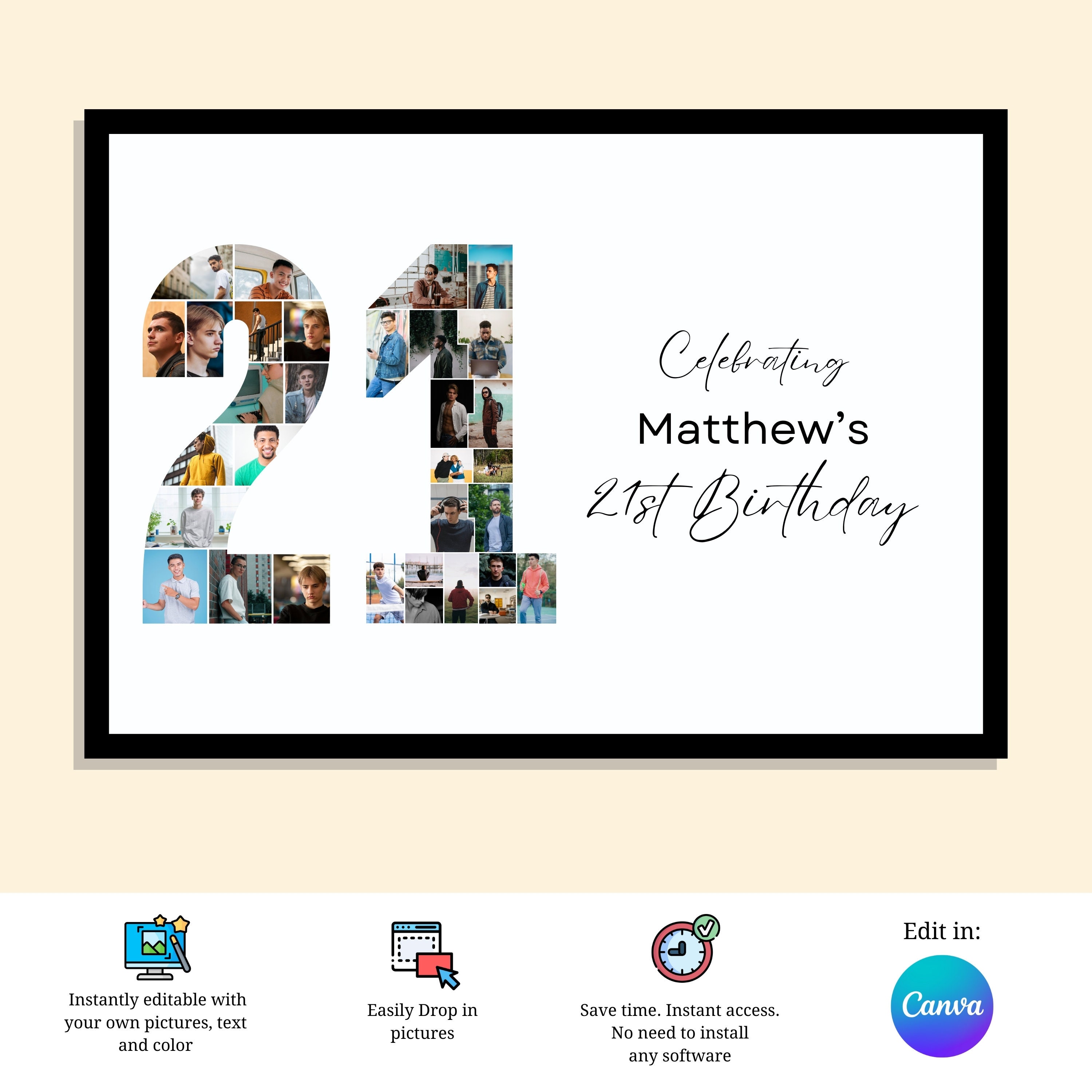 Editable 21st Birthday Photo Collage Canva Collage Canva Template Drag ...