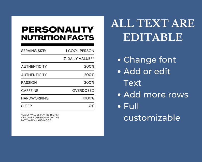 Nutrition Facts Editable Canva Template Customizable Nutrition Facts ...