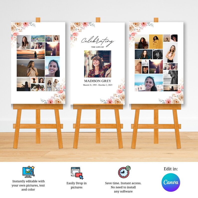 Editable 15 Photo Funeral Collage Stand Celebrating the Life of Your ...