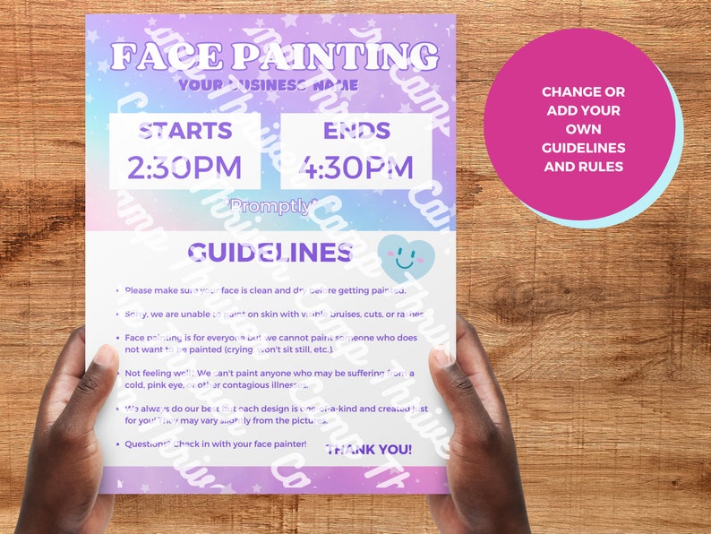 Face Painting Guidelines , Face Paint Rules Sign, Face Painting Sign ...
