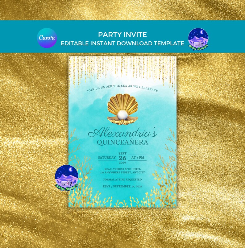 Editable Mermaid Quinceanera Invitation: Under the Sea Theme (digital ...