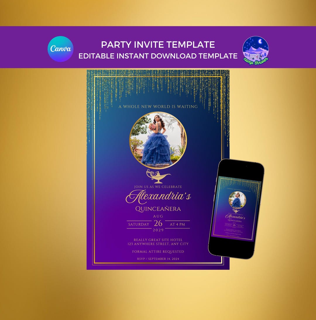 Aladdin Sweet Sixteen Invitation: Gold Arabian Nights Quinceanera ...