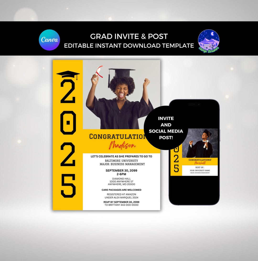 Black and Yellow Graduation Invitation Template: HBCU Invite, Social ...