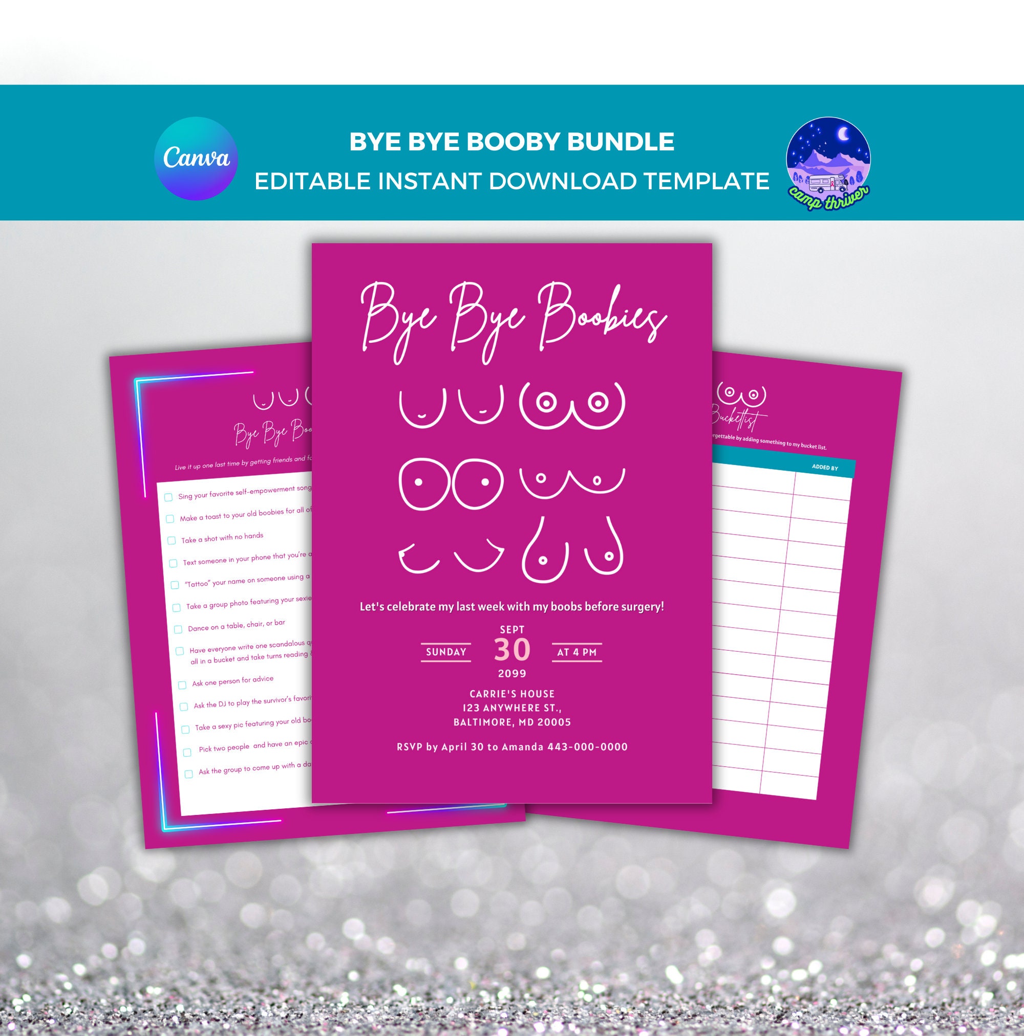 Bye Bye Boobies Party, Breast Cancer Bundle, Breast Cancer Activity, Breast Cancer Party Invite ...