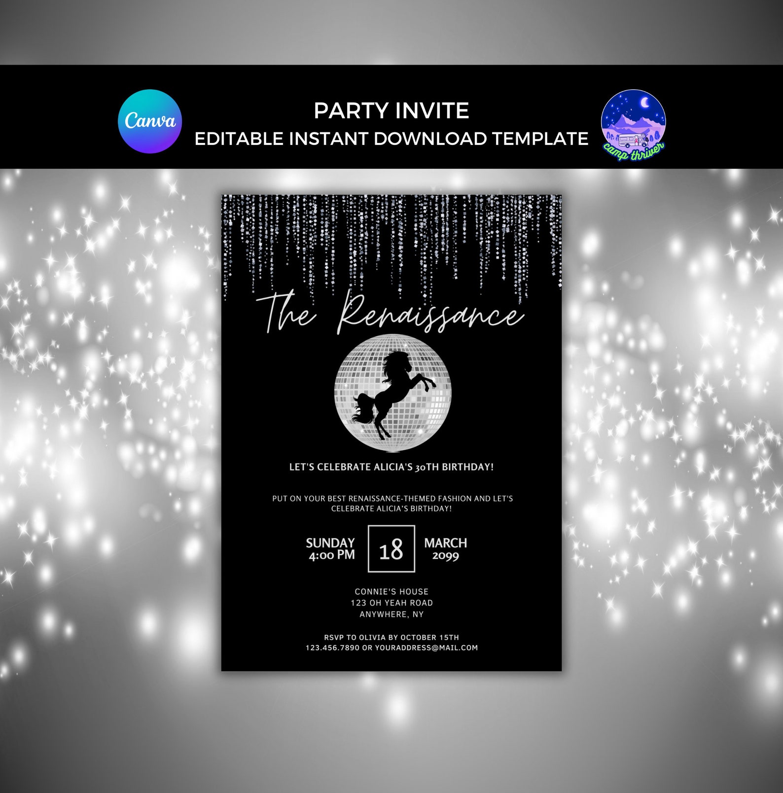 Renaissance Birthday Invitation: Disco Horse, Concert Theme (digital ...
